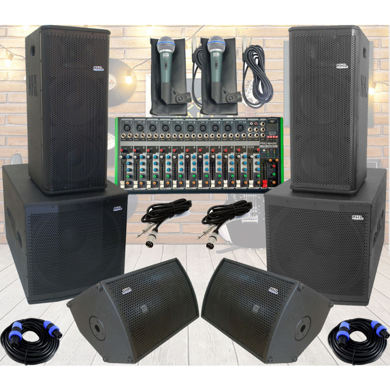 Kit Minha Banda 200P - Sistema completo de PA, Retornos, Mesa de som, Cabos