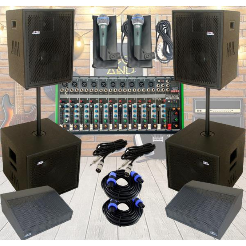 Kit Minha Banda 100P - Sistema completo de PA, Retornos, Mesa de som, Cabos